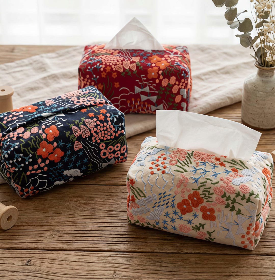 Embroidered Floral Tissue Box Cover, Country Style Fabric Napkin Holder ...