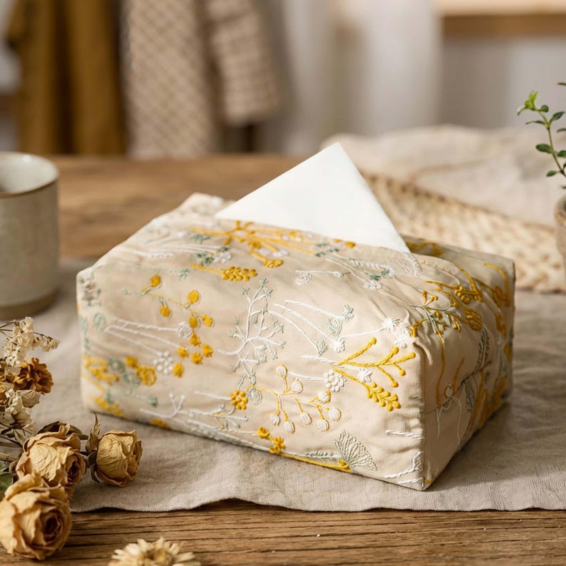 Embroidered Floral Tissue Box Cover, Bohemian Polyester Fabric Napkin ...