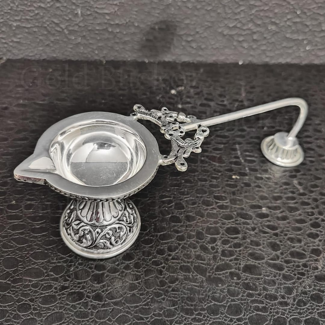 Sterling Silver Diya With Long Handle, Silver Oil Lamp for Puja ...