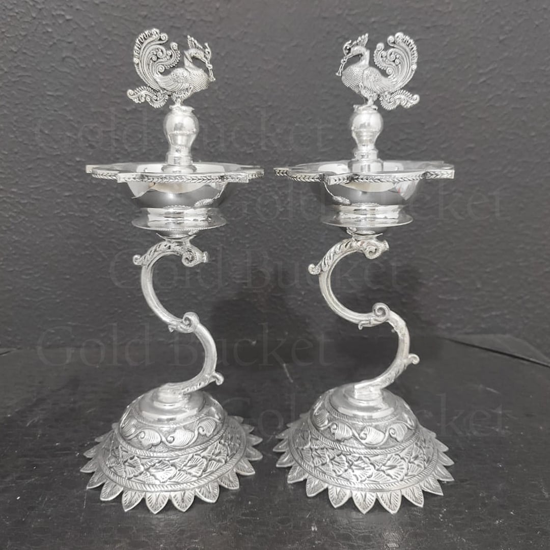 Sterling Silver Samayi Pair, Peacock Oil Lamp, Handcrafted Traditional ...