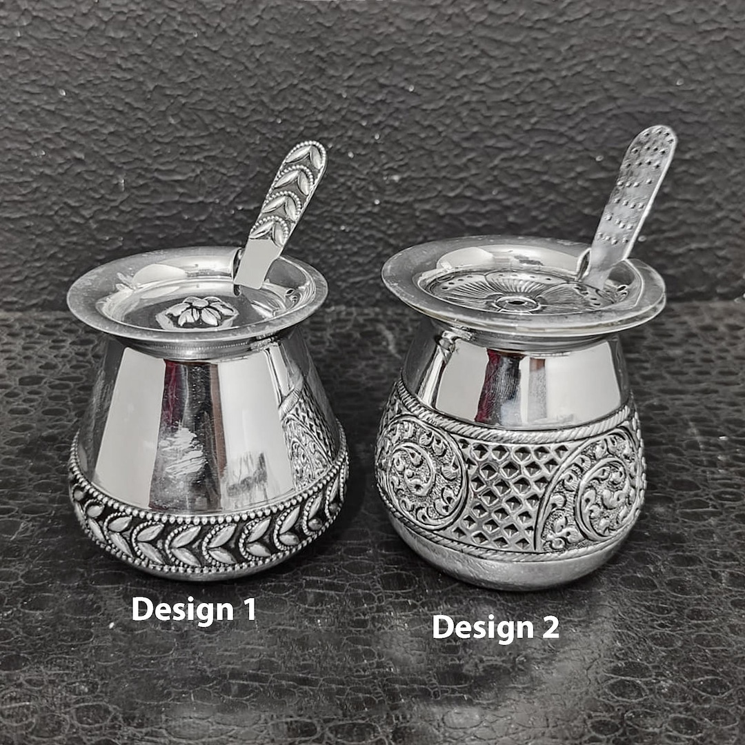 Sterling Silver Oil Jar With Spoons, Puja Oil Pot, Handcrafted Indian ...