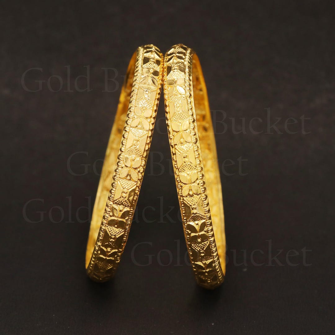 2 Bangle Set Real Solid 22k Gold Classic Style Wedding Jewelry, Inner ...