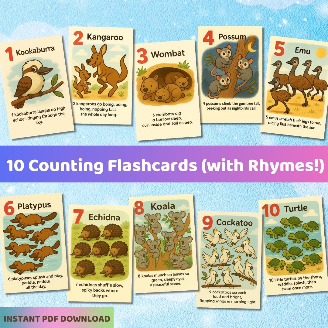 Aussie Animals Counting Flashcards 1–10 | Preschool Numbers With Rhymes ...
