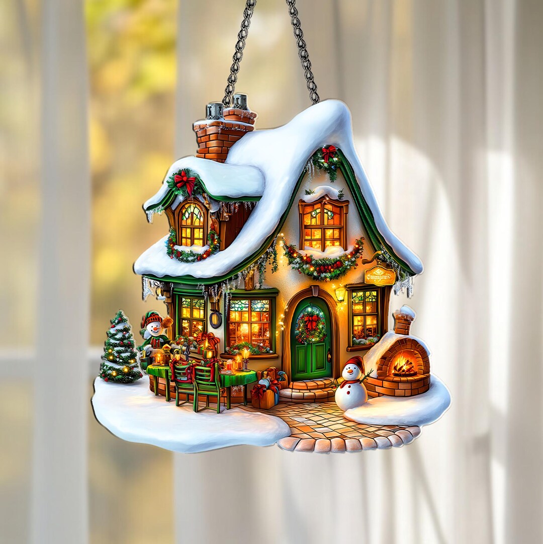 Suncatcher Christmas Cottage Window Hanging, Cozy Winter House Ornament ...
