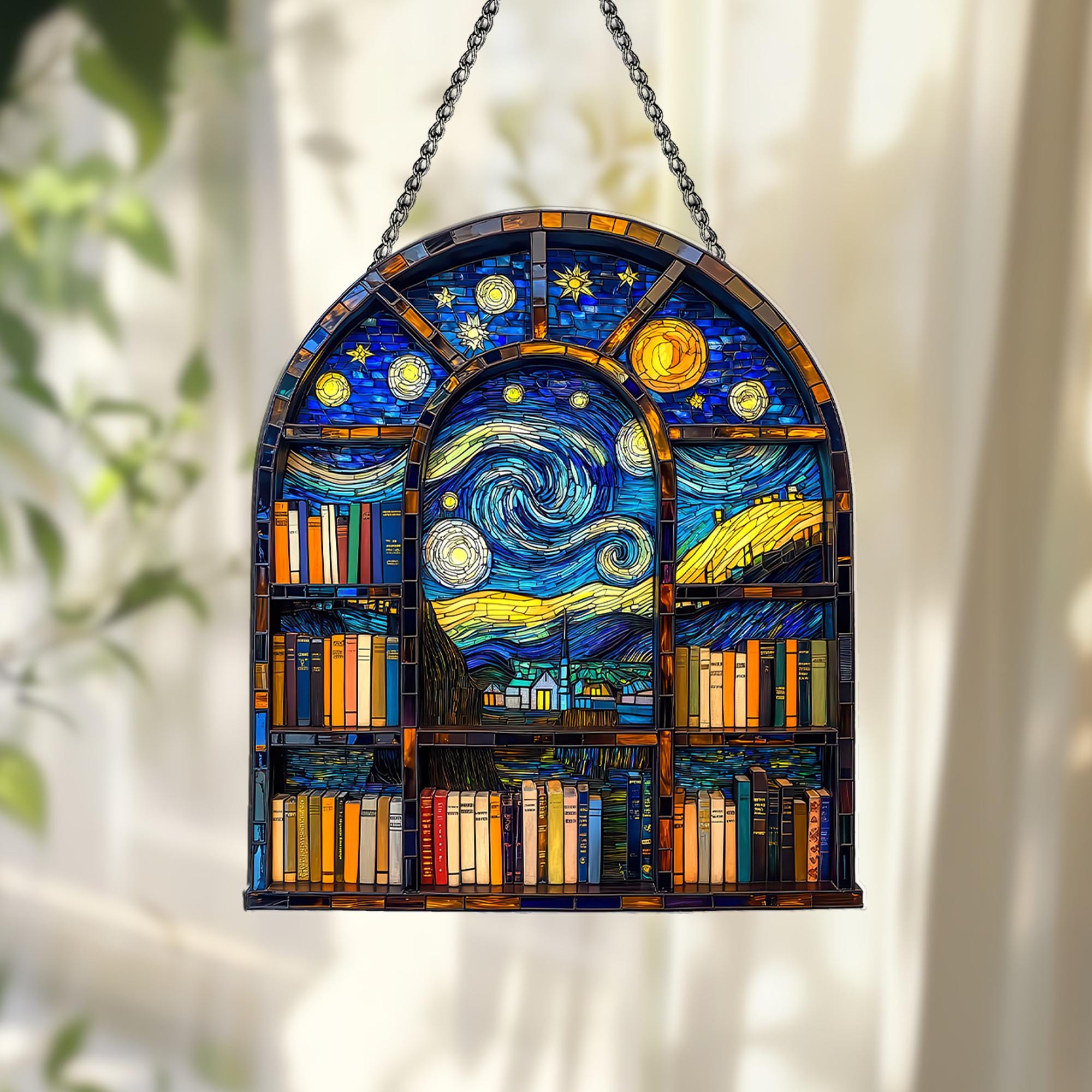 Starry Night Bookshelf Window Hanging, Van Gogh Inspired Library Decor ...