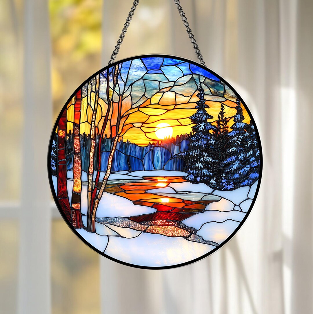 Winter Sunset Stained Glass Window Hanging, Snowy Landscape Suncatcher ...