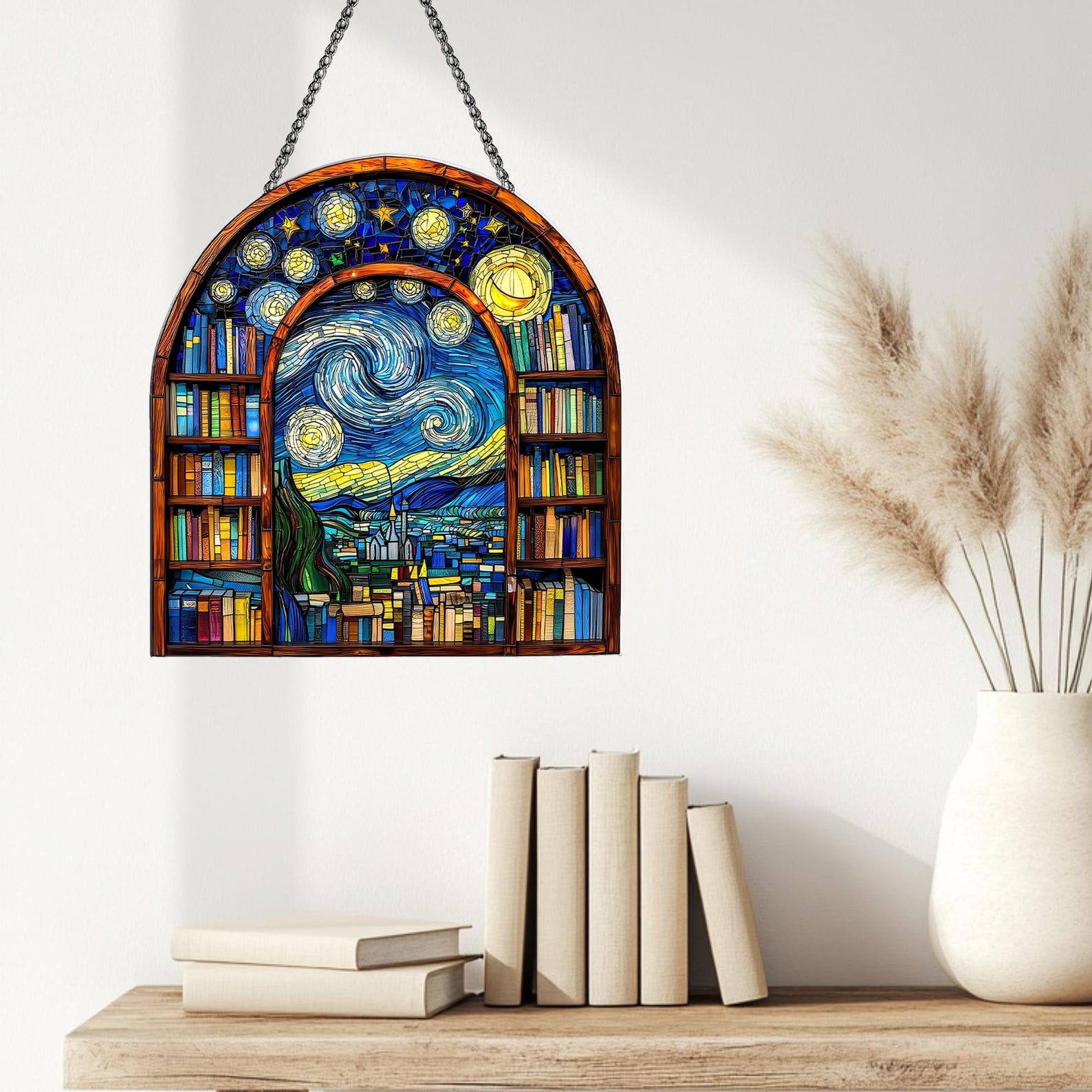 Starry Night Bookshelf Window Hanging, Van Gogh Inspired Library Decor ...