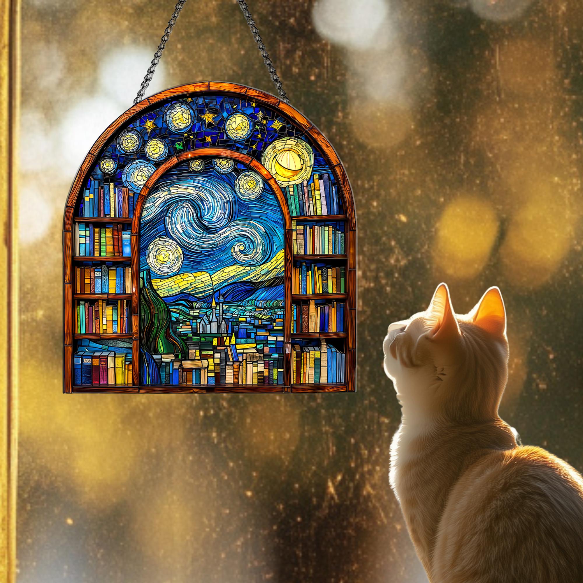 Starry Night Bookshelf Window Hanging, Van Gogh Inspired Library Decor ...