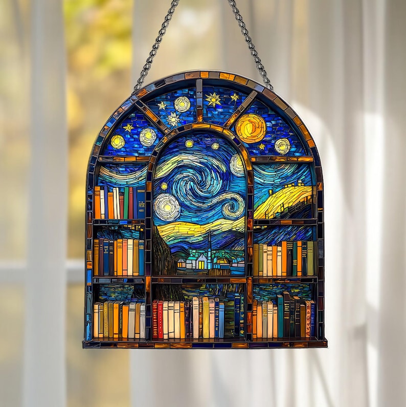Starry Night Bookshelf Window Hanging, Van Gogh Inspired Library Decor ...