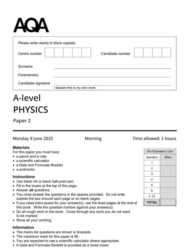 2025 AQA A Level Physics Paper 2 and Mark Scheme 7408 2 - Etsy