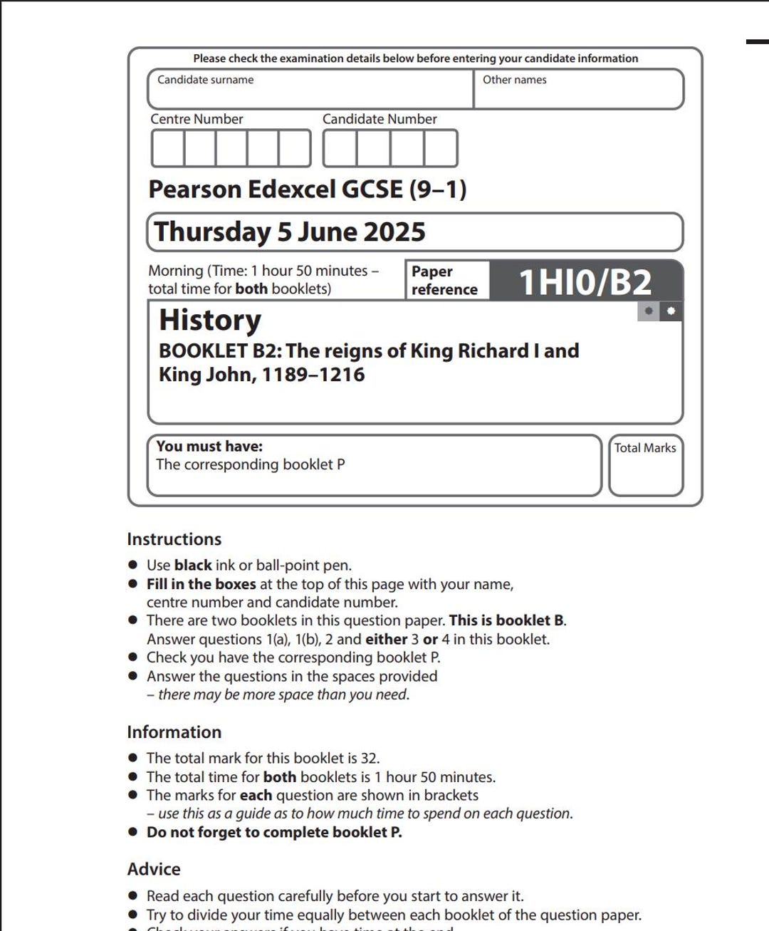 2025 Pearson Edexcel GCSE History Paper B2 + Mark Scheme 1hi0 B2 - Etsy