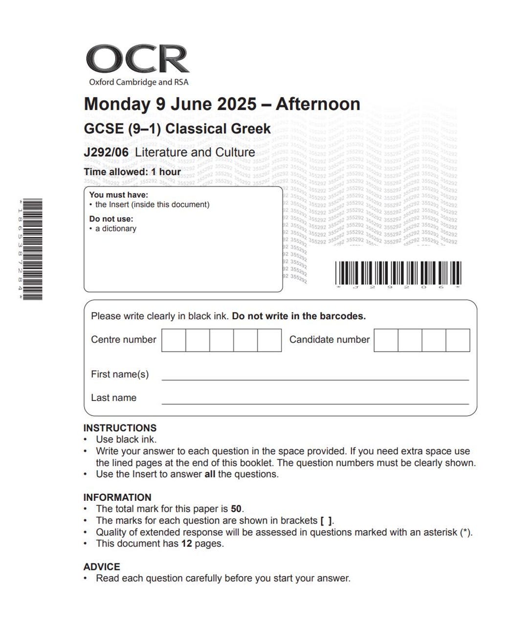 2025OCR GCSE Classical Greek Paper 6 and Mark Scheme (literature and ...