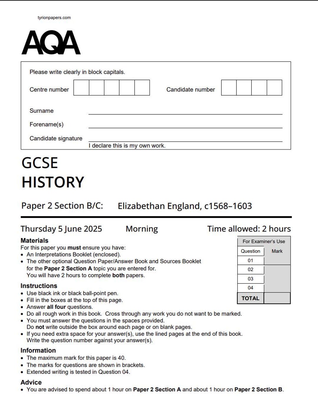 2025 AQA GCSE History Paper 2 and Mark Scheme Elizabethan Englandc1568 ...