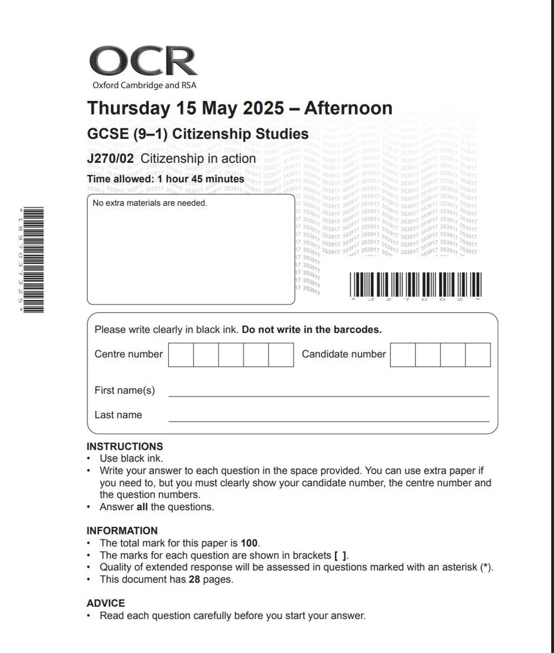 2025 OCR GCSE Citizenship Studies Paper 2 and Mark Scheme (citizenship ...