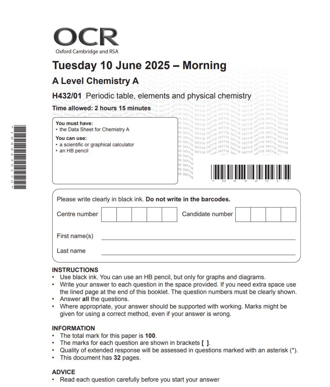 2025 OCR A LEVEL Chemistry a Paper 1 and Mark Scheme Periodic Table ...