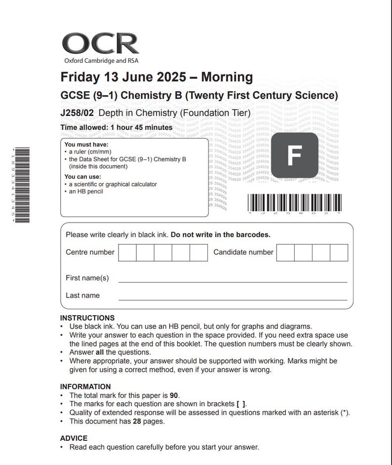2025 OCR GCSE Chemistry B Paper 2 Foundation Tier and Mark Scheme Depth ...