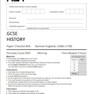 2025 AQA GCSE History Paper 2 and Mark Scheme Norman England, C1066 ...
