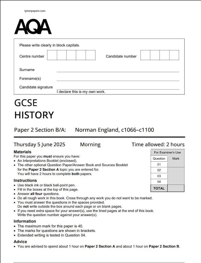 2025 AQA GCSE History Paper 2 and Mark Scheme Norman England, C1066 ...