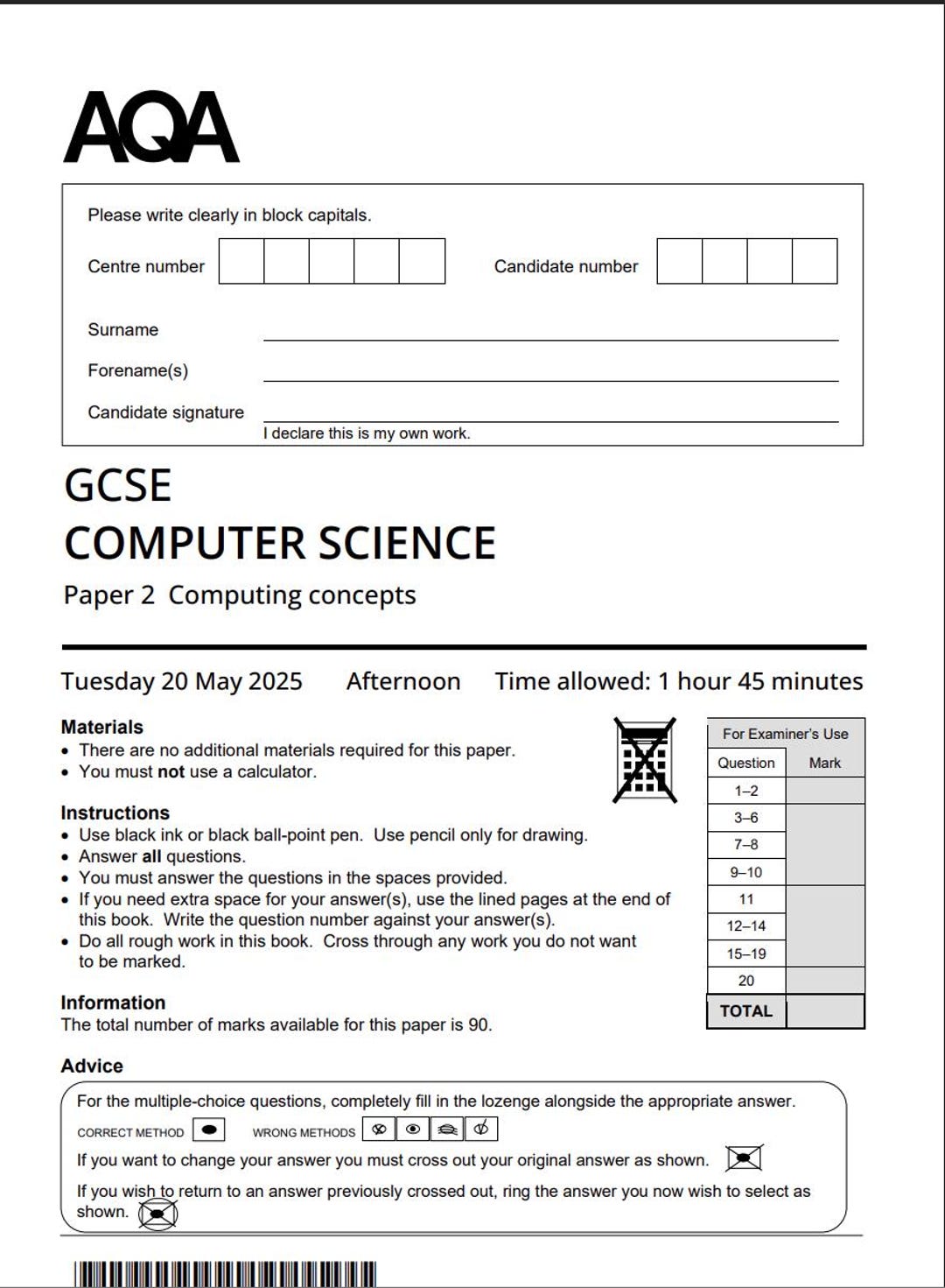 2025 AQA GCSE Computer Science Paper 2 and Mark Scheme 8525 2 Computing ...