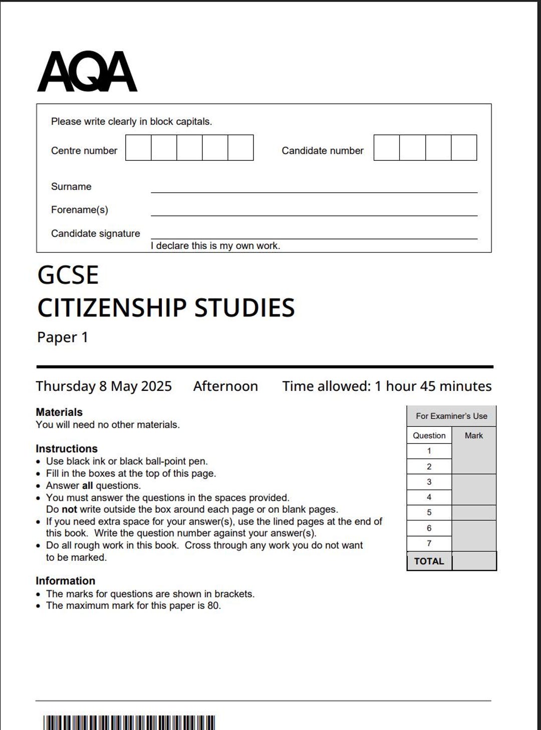 2025 AQA GCSE Citizenship Studies Paper 1 and Mark Scheme 8100 1 - Etsy