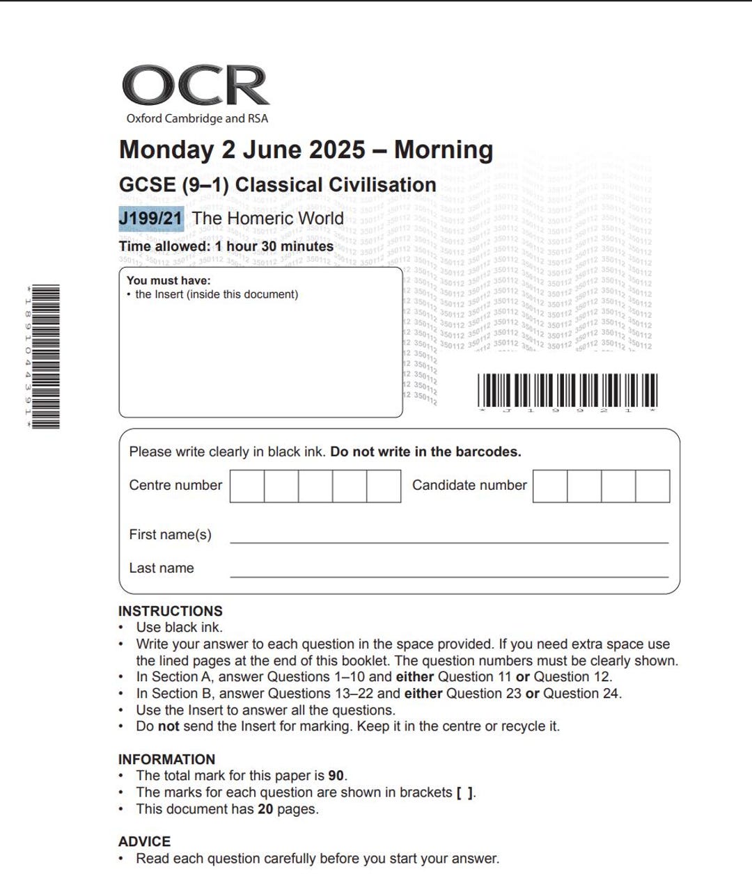 2025 OCR GCSE Classical Civilization Paper 21 and Mark Scheme (the ...