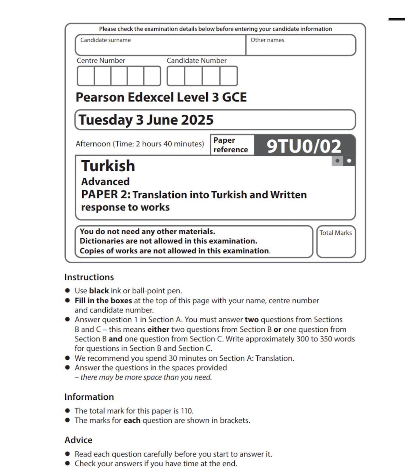 2025 Pearson Edexcel A Level Paper 2 Turkish + Mark Scheme 9tu0 02 ...
