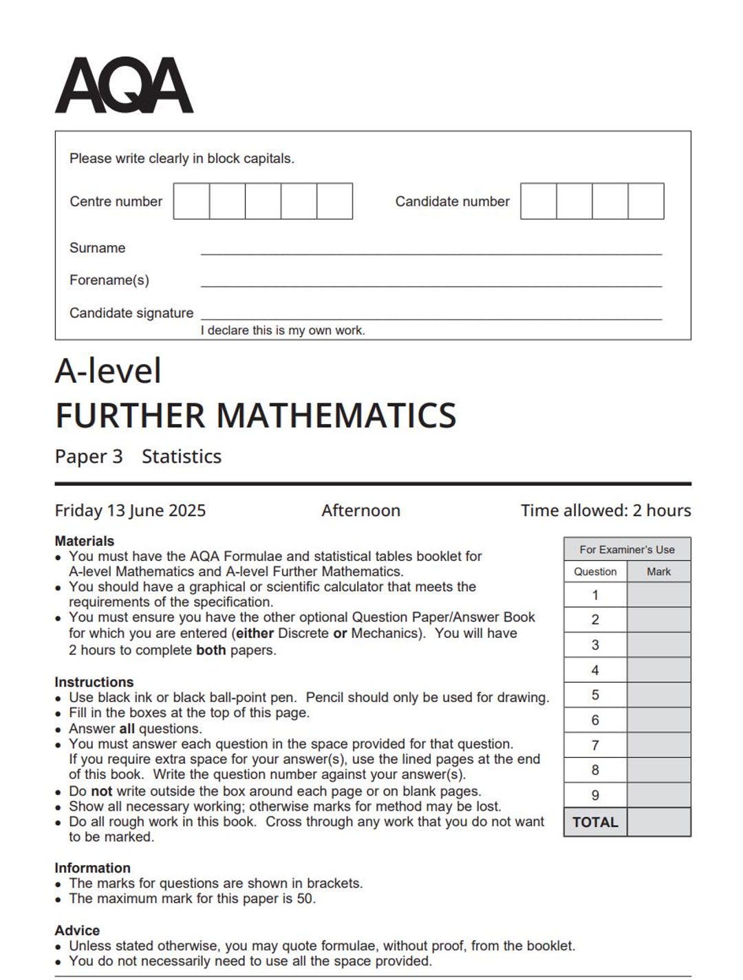 2025 AQA A Level Further Mathematics Paper 3 statistics 7367 3s - Etsy