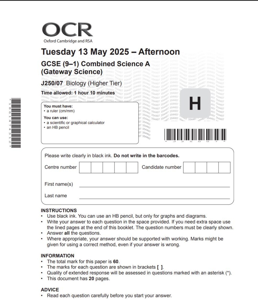 2025 OCR GCSE Combined Science a Biology Paper 7 Higher Tier and Mark ...