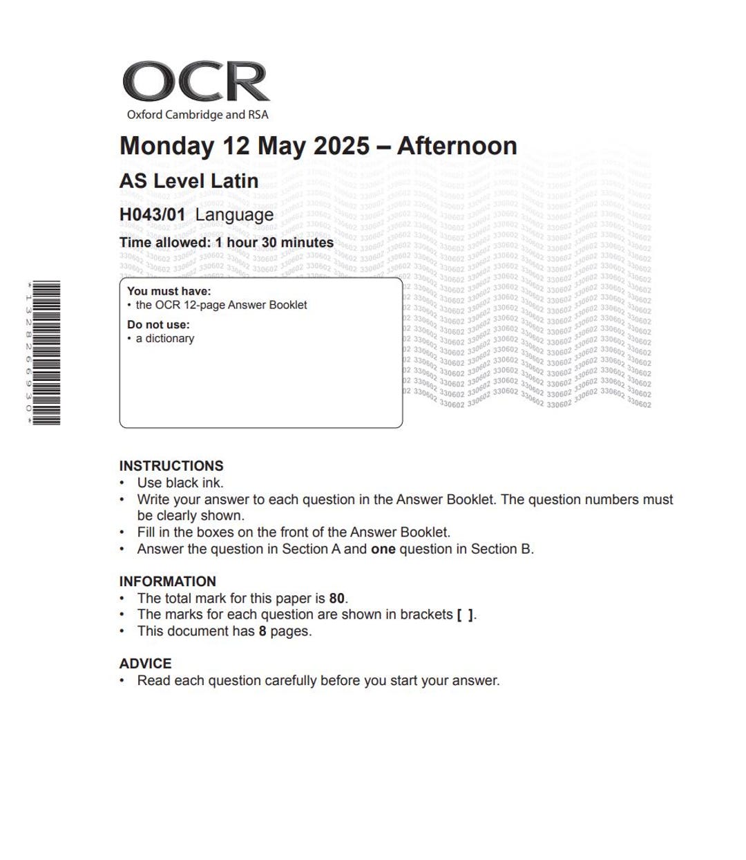 2025 OCR AS Level Latin Paper 1 + Mark Scheme Language H043 01 - Etsy
