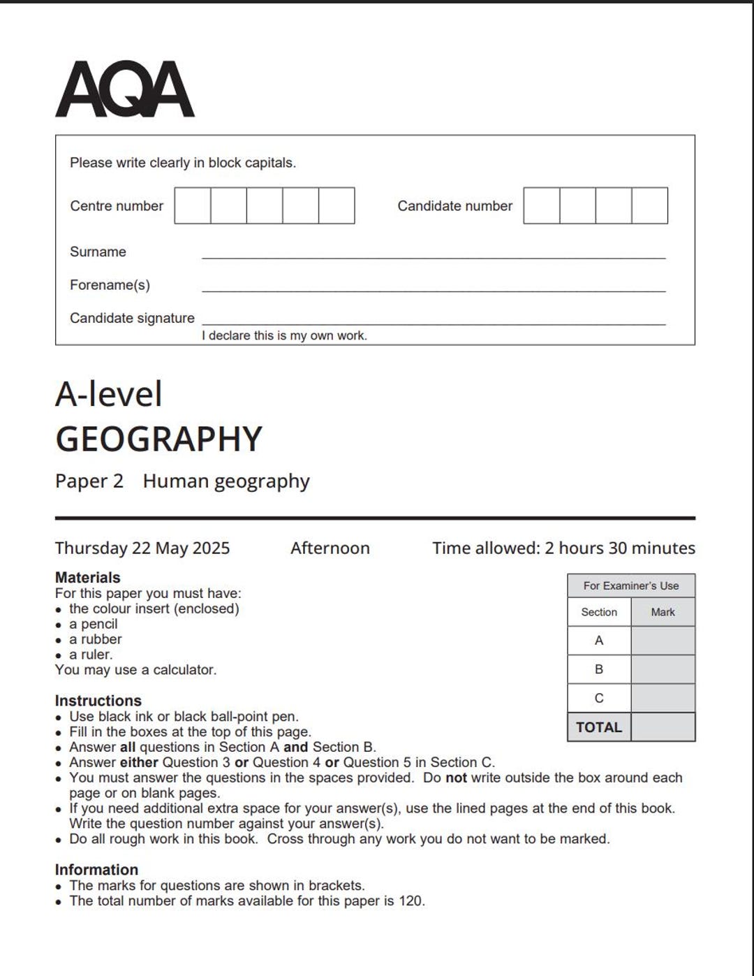 2025 AQA A Level Geography Paper 2 and Mark Scheme Human Geography 7037 ...