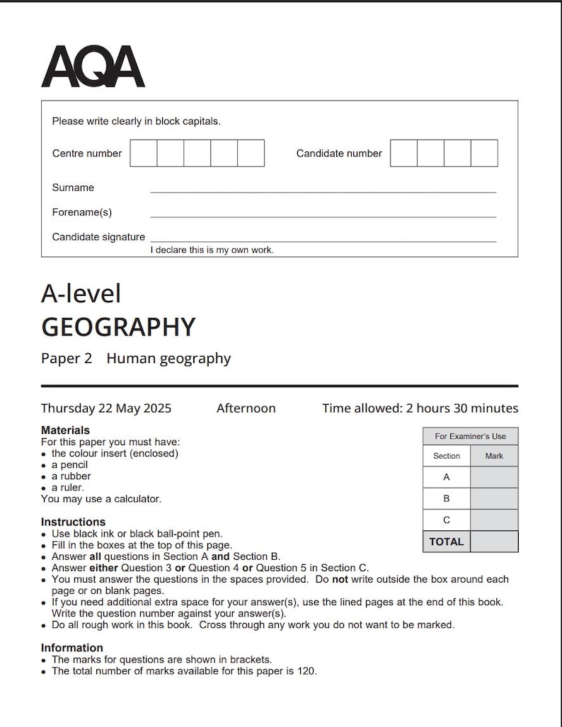 2025 AQA A Level Geography Paper 2 and Mark Scheme Human Geography 7037 ...