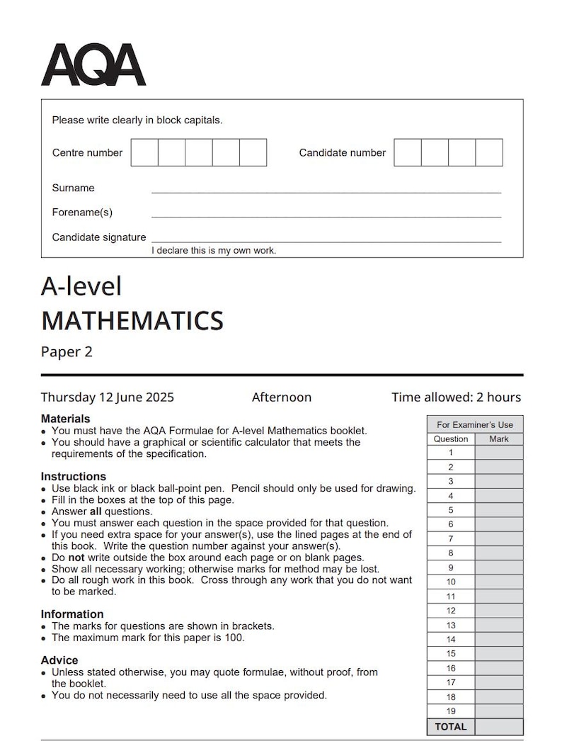 2025 AQA A Level Mathematics Paper 2 and Mark Scheme 7357 2 - Etsy