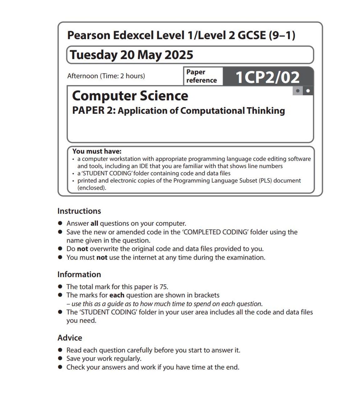 2025 Pearson Edexcel GCSE Computer Science Paper 2 + Mark Scheme 1cp2 ...