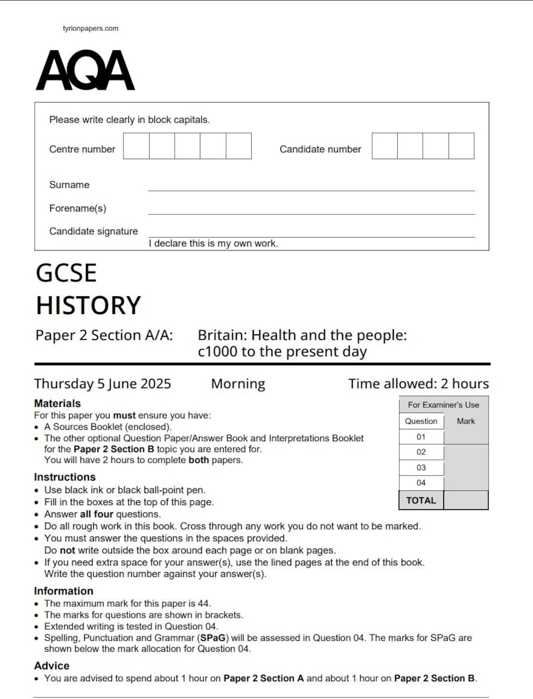 2025 AQA GCSE History Paper 2 and Mark Scheme 8145 2a A Britain Health ...