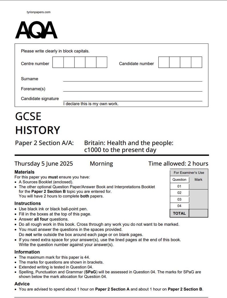 2025 AQA GCSE History Paper 2 and Mark Scheme 8145 2a A Britain Health ...