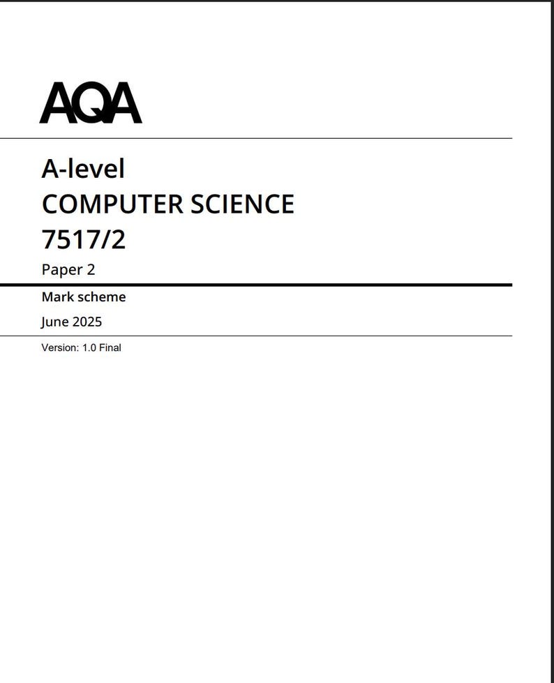 2025 AQA A Level Computer Science Paper 2 and Mark Scheme 7517 2 - Etsy