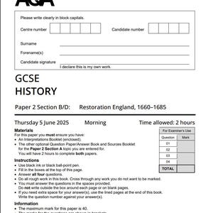 2025 AQA GCSE History Paper 2 and Mark Scheme Restoration England, 1660 ...