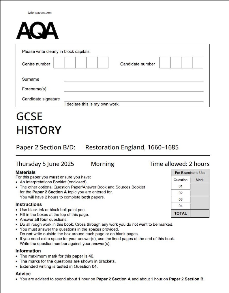 2025 AQA GCSE History Paper 2 and Mark Scheme Restoration England, 1660 ...