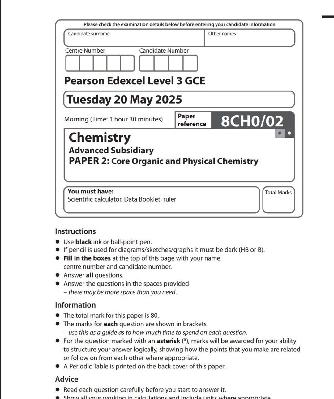 2025 Pearson Edexcel AS Chemistry Paper 2+ Mark Scheme Core Organic and ...