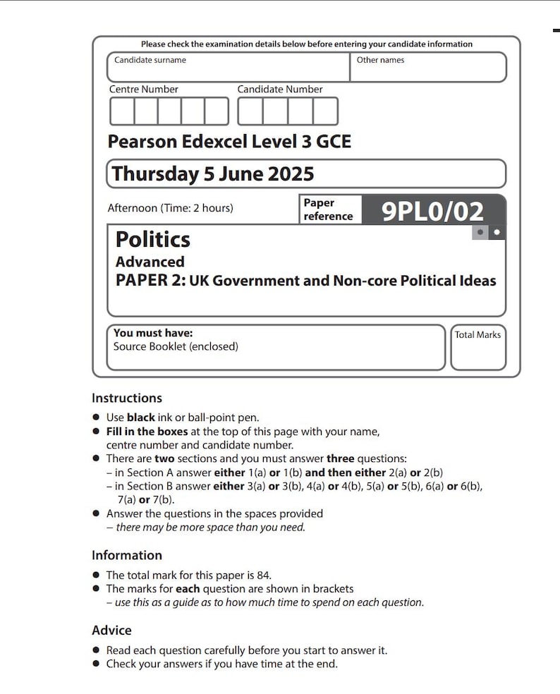 2025 Pearson Edexcel a Level Politics Paper 2+ Mark Scheme 9pl0 02 - Etsy
