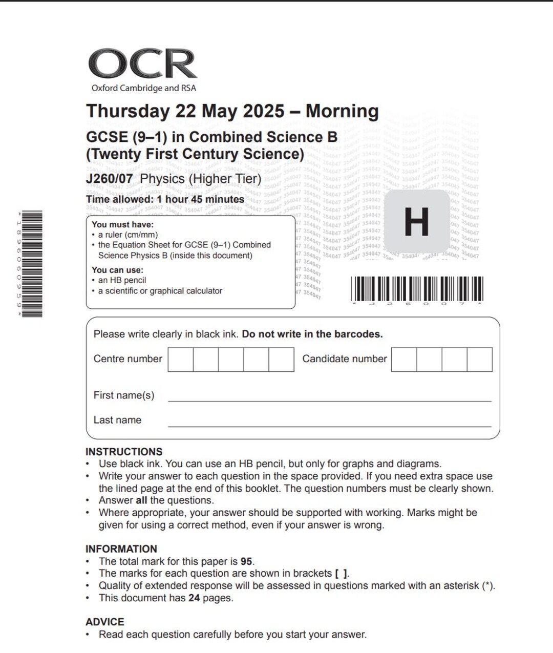 2025 OCR GCSE Combined Science B Paper 7 Physics Higher Tier and Mark Scheme J260 07 - Etsy