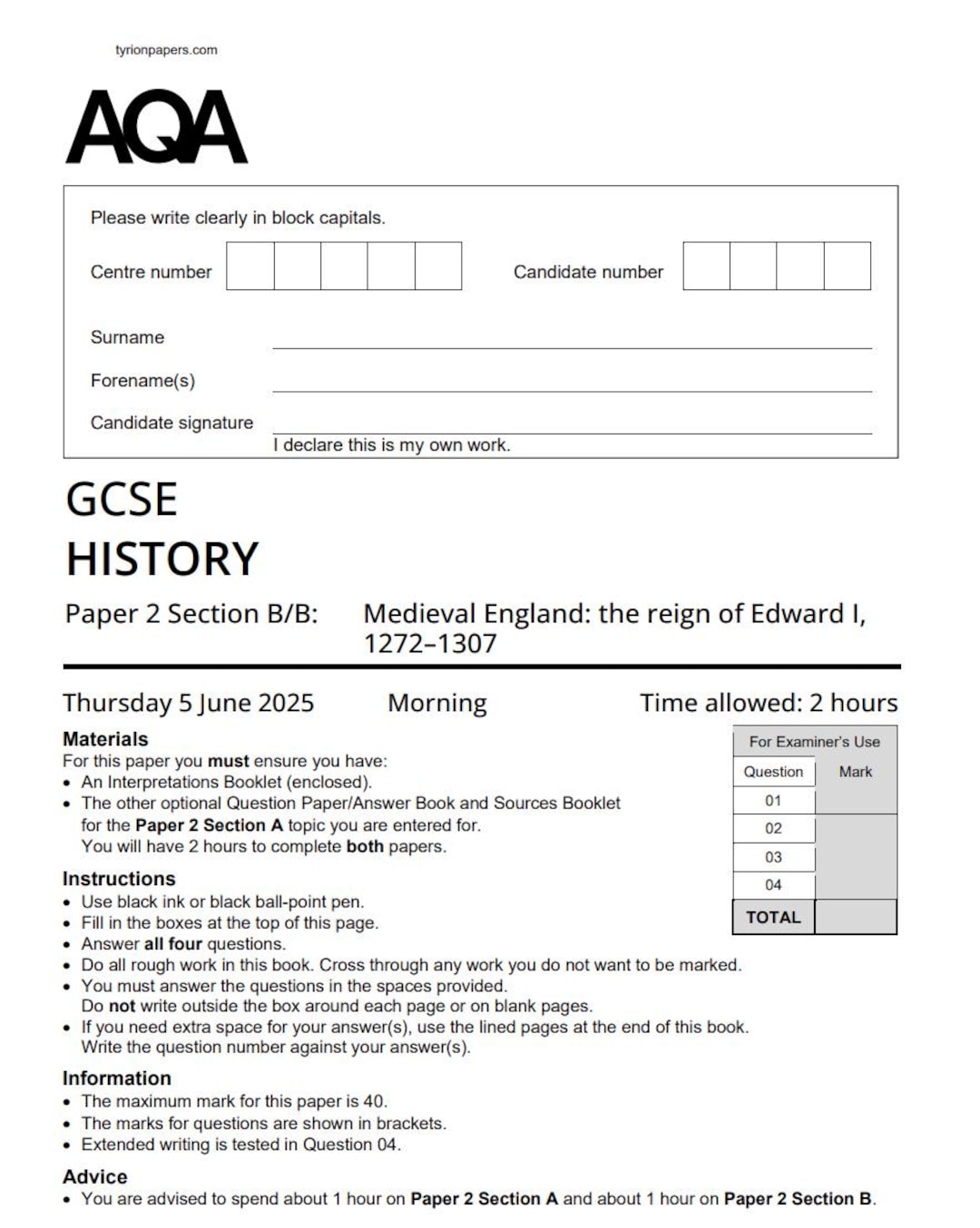 2025 AQA GCSE History Paper 2 and Mark Scheme Medieval England the ...