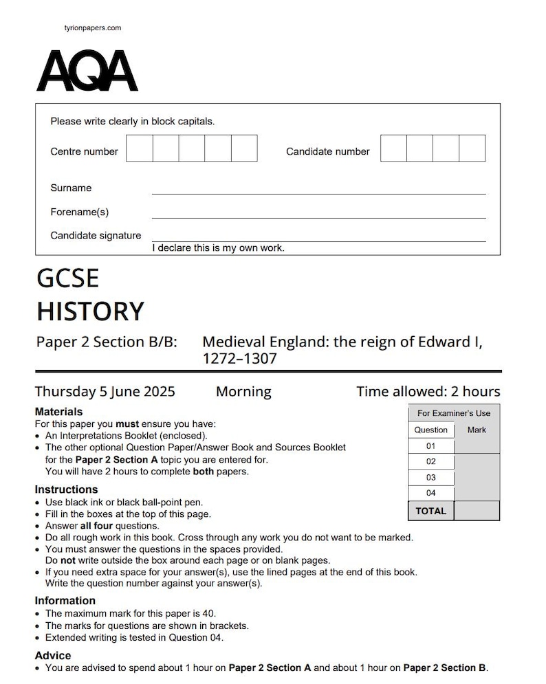 2025 AQA GCSE History Paper 2 and Mark Scheme Medieval England the ...