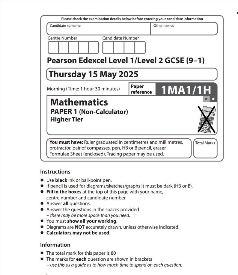 2025 Pearson Edexcel GCSE Mathematics Higher Tier Paper 1 + Mark Scheme ...