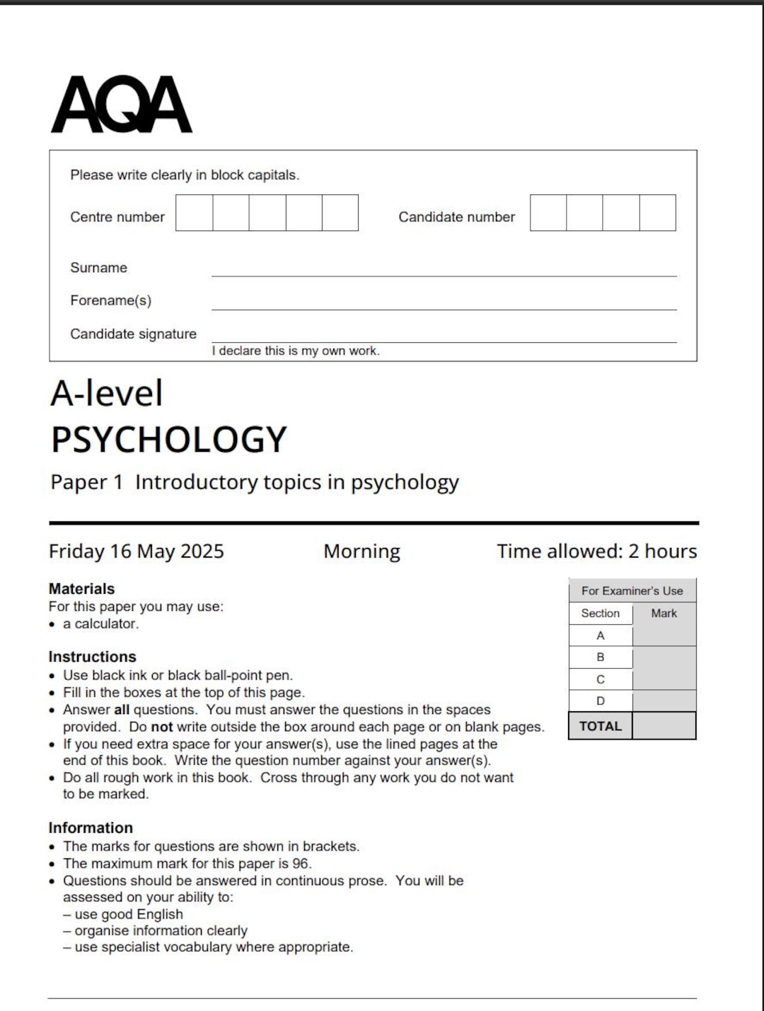2025 AQA A Level Psychology Paper 1 and Mark Scheme Introductory Topics ...