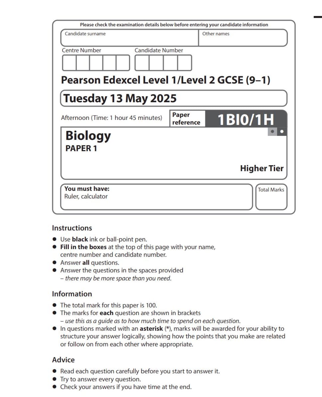 2025 Pearson Edexcel GCSE Triple Science Biology Paper 1 + Mark Scheme ...