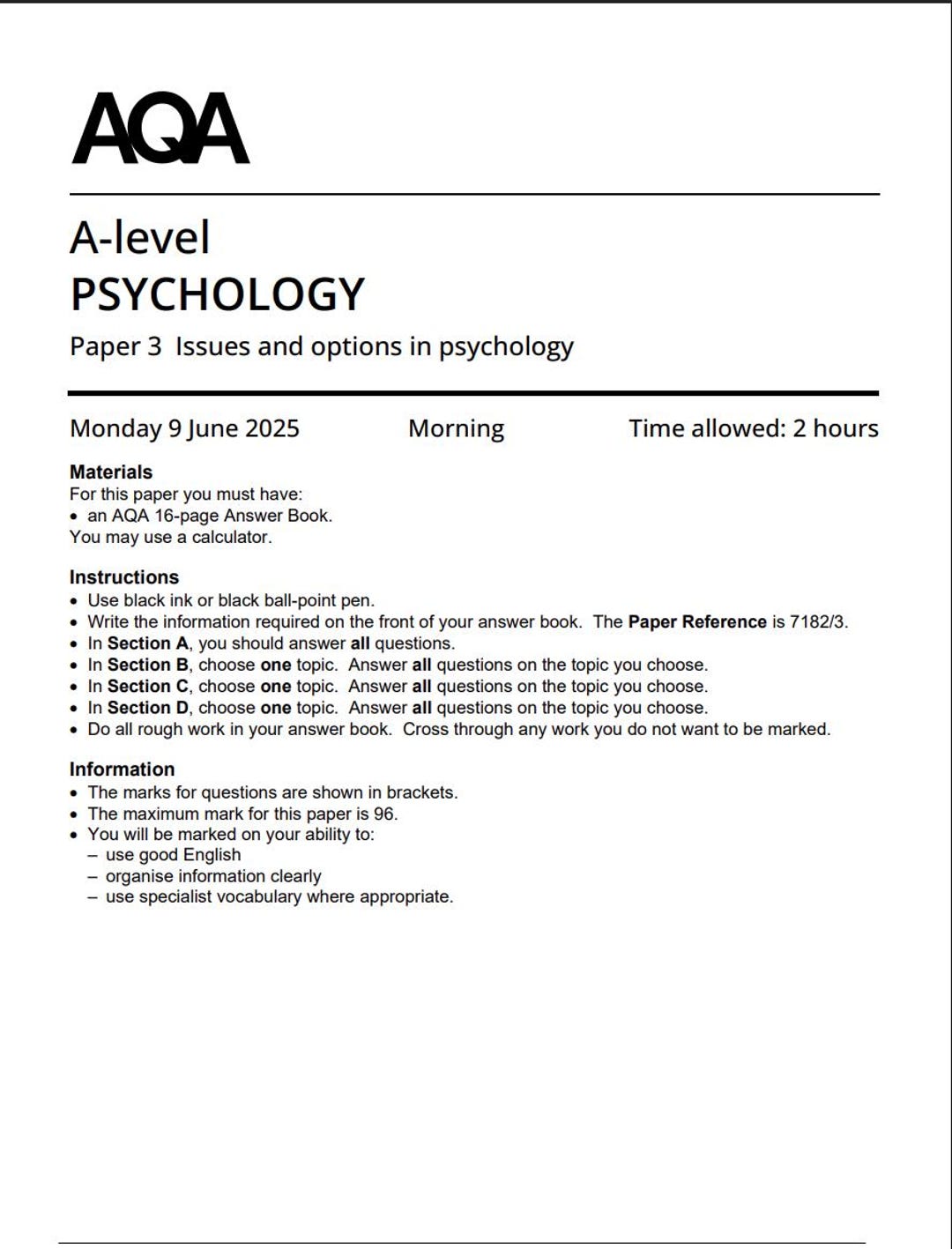 2025 AQA A Level Psychology Paper 3 and Mark Scheme Issues and Options ...