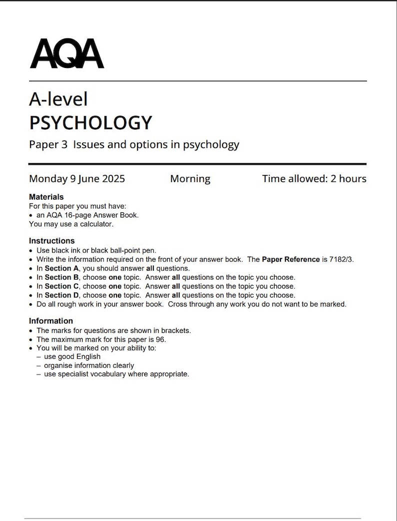 2025 AQA A Level Psychology Paper 3 and Mark Scheme Issues and Options ...