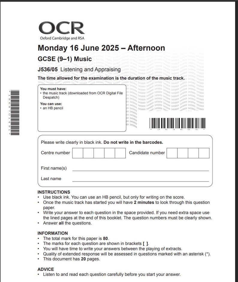 2025 OCR GCSE Music Paper 5 and Mark Scheme : Listening and Appraising ...