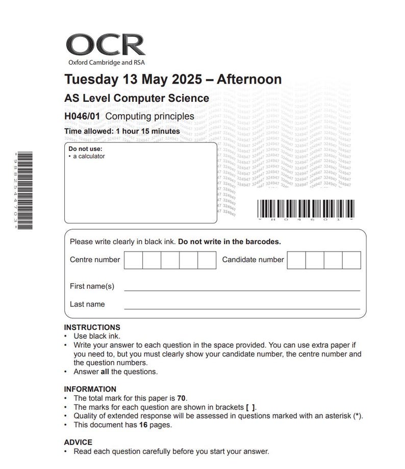 2025 OCR AS Computer Science Paper 1 and Mark Scheme Computing ...